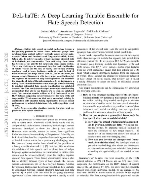 Pdf Del Hate A Deep Learning Tunable Ensemble For Hate Speech Detection