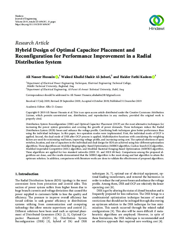 Pdf Hybrid Design Of Optimal Capacitor Placement And Reconfiguration