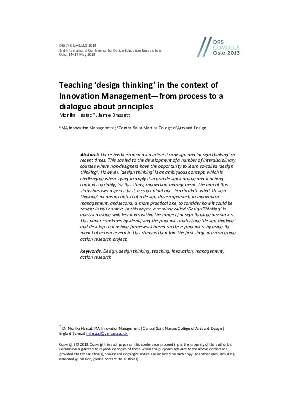 (PDF) Teaching ‘design thinking’ in the context of Innovation ...