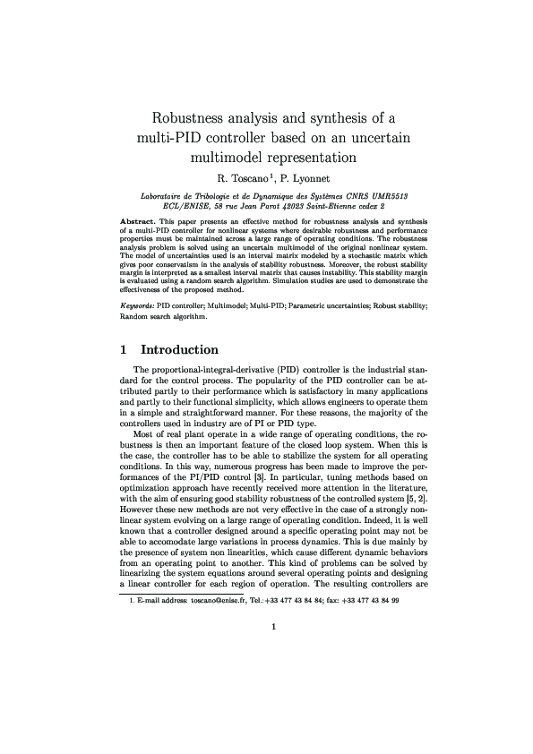 (PDF) Robustness analysis and synthesis of a multi-PID controller based on an uncertain ...