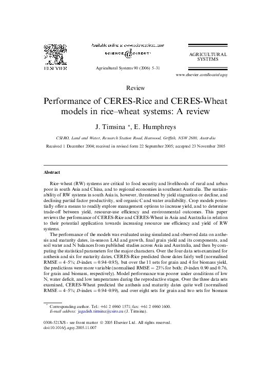 (PDF) Performance of CERES-Rice and CERES-Wheat models in rice–wheat ...