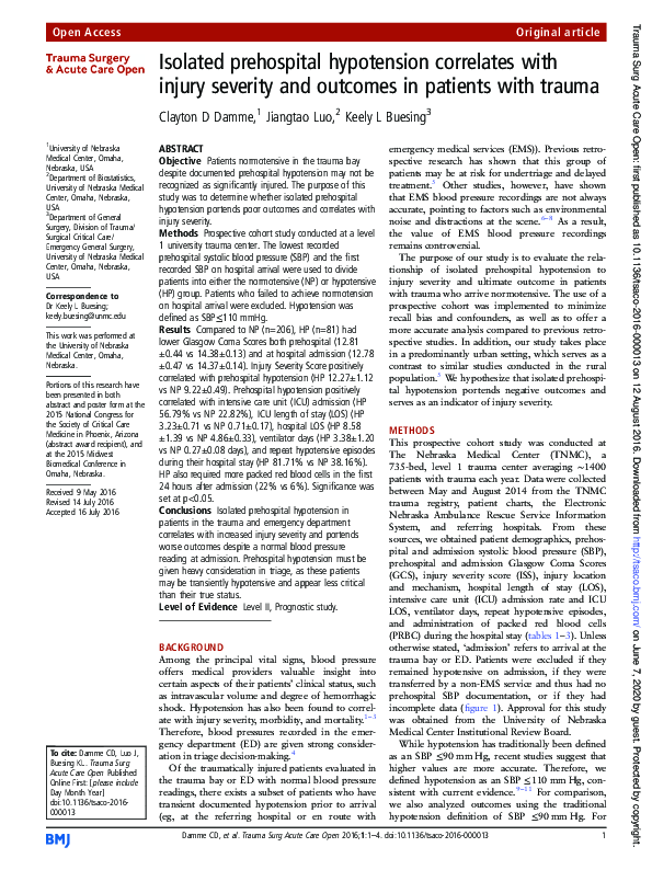 (PDF) Isolated prehospital hypotension correlates with injury severity ...