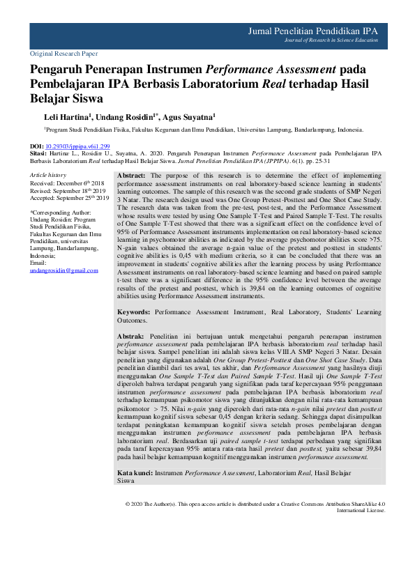 (PDF) Pengaruh Penerapan Instrumen Performance Assessment pada Pembelajaran IPA Berbasis ...