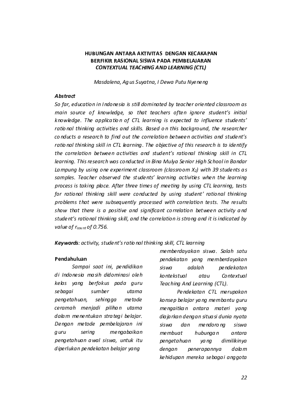 (PDF) Hubungan Antara Aktivitas Dengan Kecakapan Berfikir Rasional ...