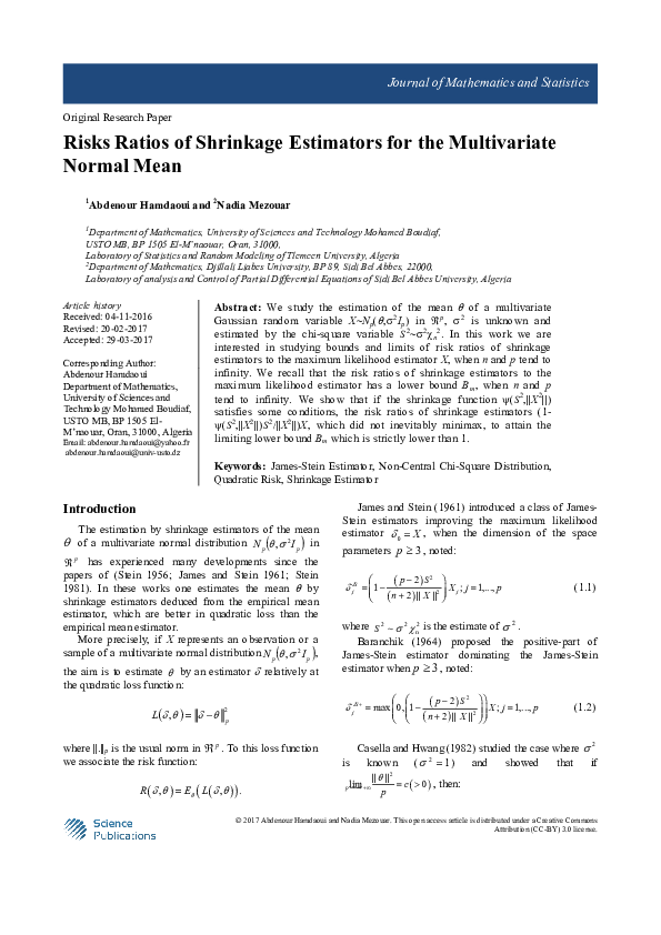 Pdf Risks Ratios Of Shrinkage Estimators For The Multivariate Normal Mean