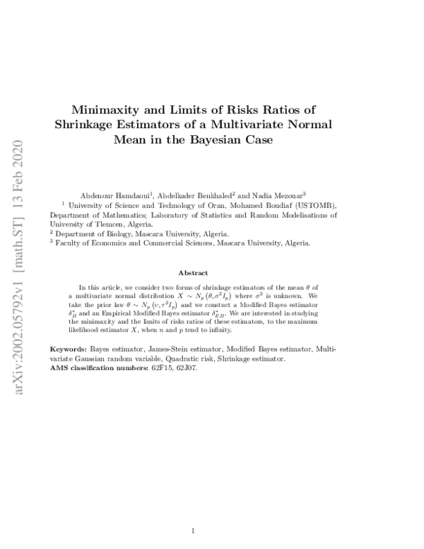 Pdf Minimaxity And Limits Of Risks Ratios Of Shrinkage Estimators Of