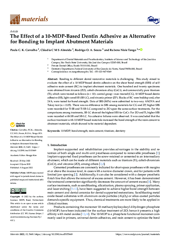 (PDF) The Effect of a 10-MDP-Based Dentin Adhesive as Alternative for ...