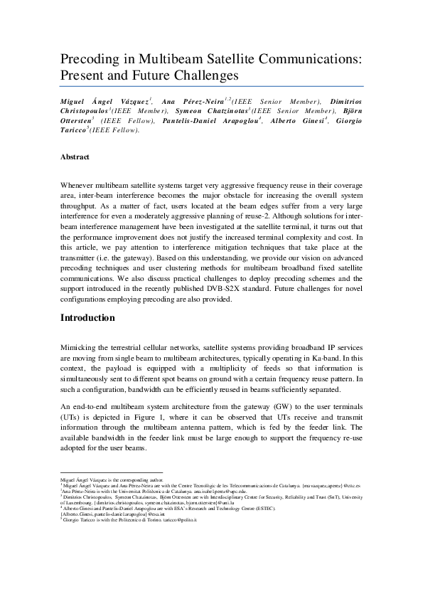 (PDF) Precoding in Multibeam Satellite Communications: Present and Future Challenges