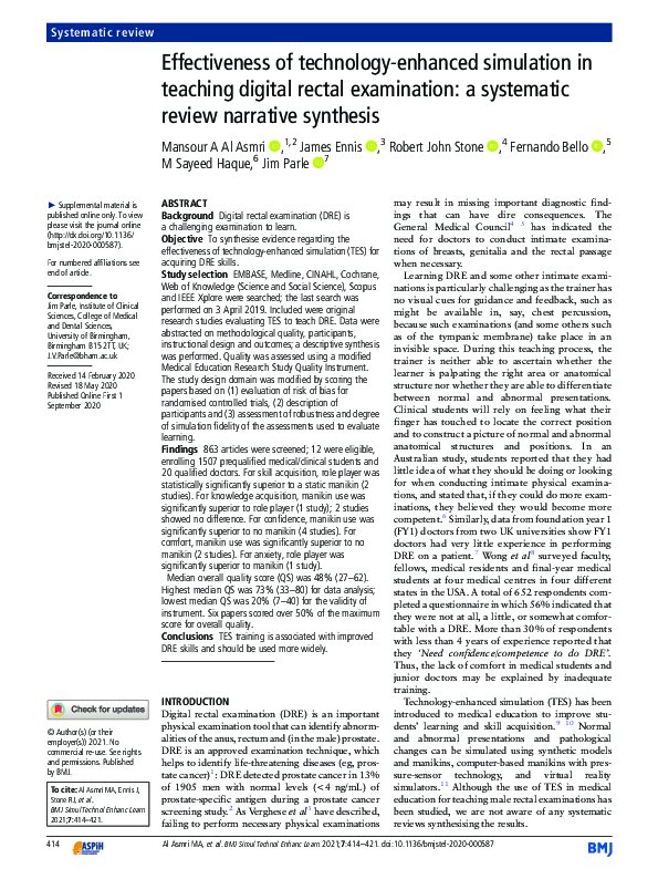 (PDF) Effectiveness of technology-enhanced simulation in teaching digital rectal examination: a ...