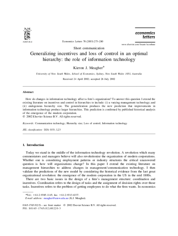 (PDF) Generalizing incentives and loss of control in an optimal hierarchy: the role of ...