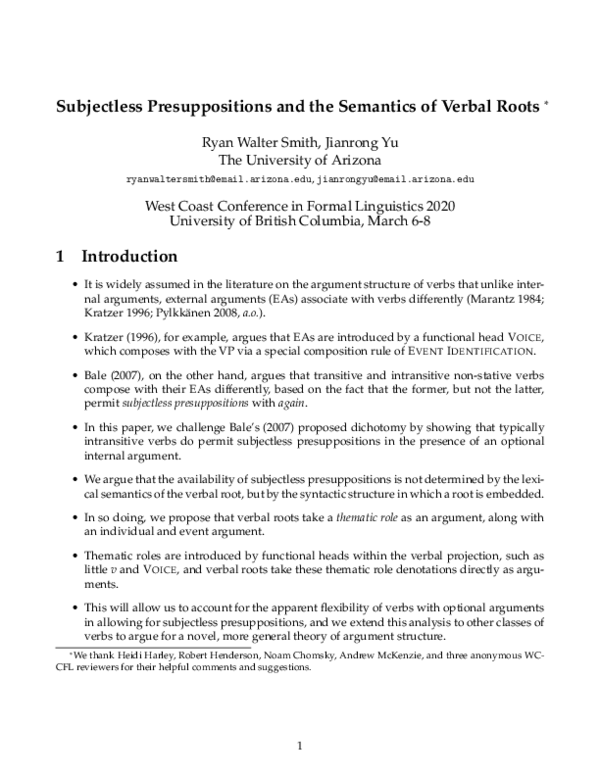 (PDF) Subjectless Presuppositions and the Semantics of Verbal Roots