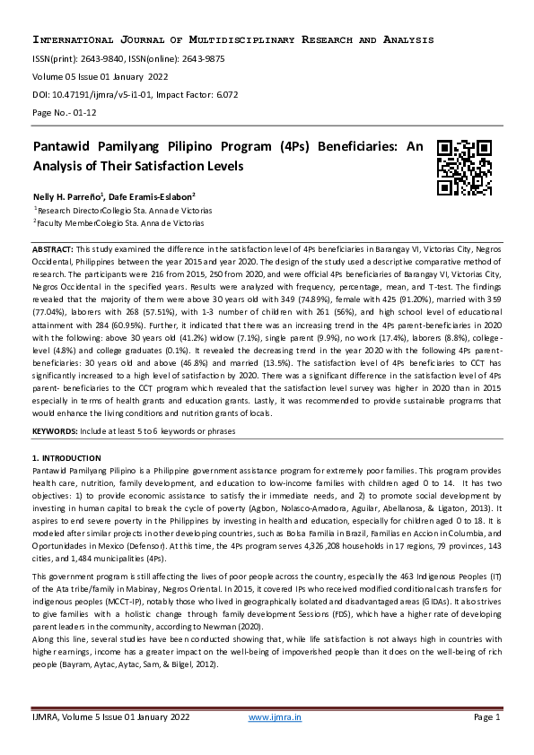 (PDF) Pantawid Pamilyang Pilipino Program (4Ps) Beneficiaries: An ...