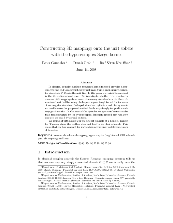 (PDF) Constructing three-dimensional mappings onto the unit sphere with the hypercomplex Szegö ...