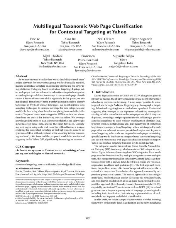 (PDF) Multilingual Taxonomic Web Page Classification for Contextual Targeting at Yahoo