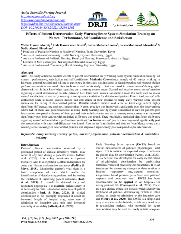 (PDF) Effects of Patient Deterioration Early Warning Score System Simulation Training on Nurses ...