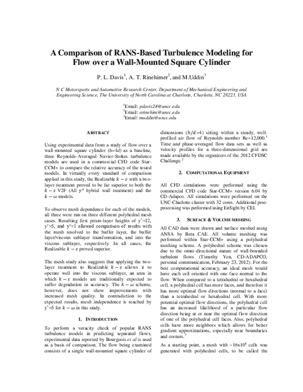 (PDF) A Comparison of RANS-Based Turbulence Modeling for Flow over a Wall-Mounted Square Cylinder