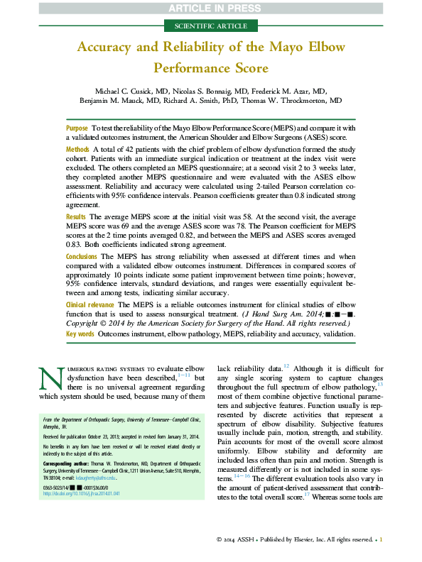 (PDF) Accuracy and Reliability of the Mayo Elbow Performance Score