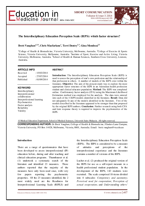 (PDF) The Interdisciplinary Education Perception Scale (IEPS): An ...
