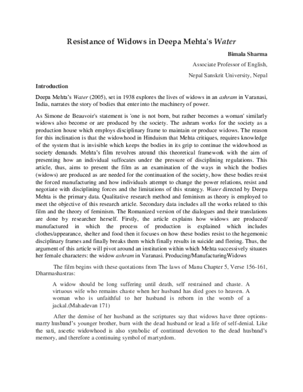 (PDF) Resistance of Widows in Deepa Mehta's Water