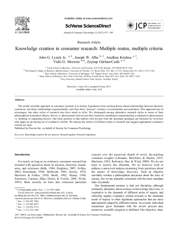 (PDF) Knowledge creation in consumer research: Multiple routes ...