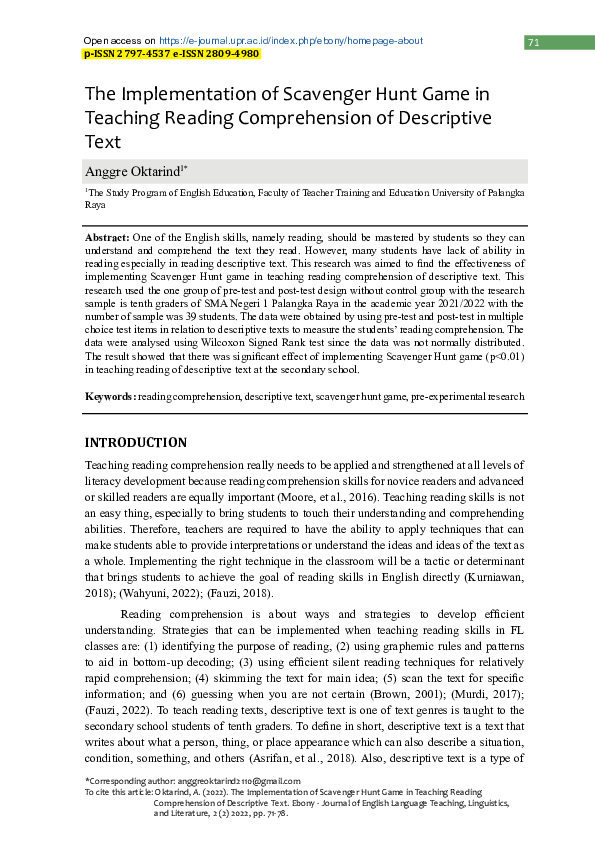 (PDF) The Implementation of Scavenger Hunt Game in Teaching Reading ...