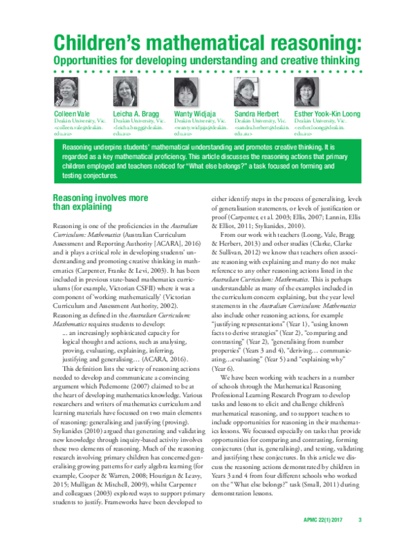 (PDF) Children's Mathematical Reasoning: Opportunities for Developing Understanding and Creative ...