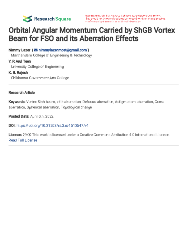 Pdf Orbital Angular Momentum Carried By Shgb Vortex Beam For Fso And Its Aberration Effects