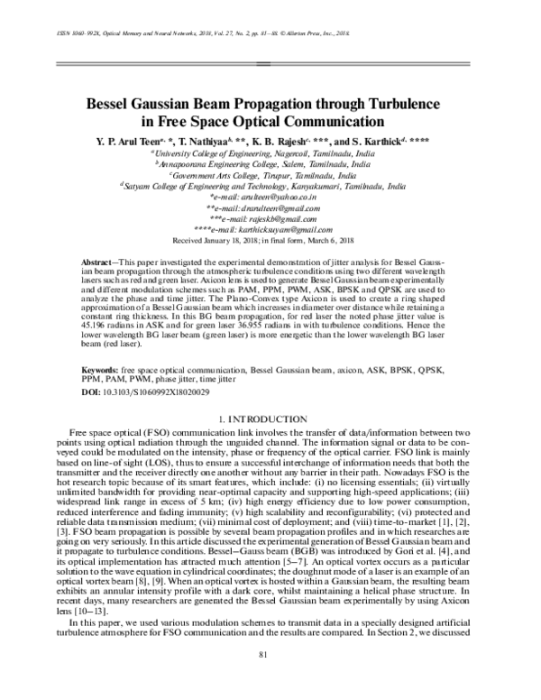 Pdf Bessel Gaussian Beam Propagation Through Turbulence In Free Space