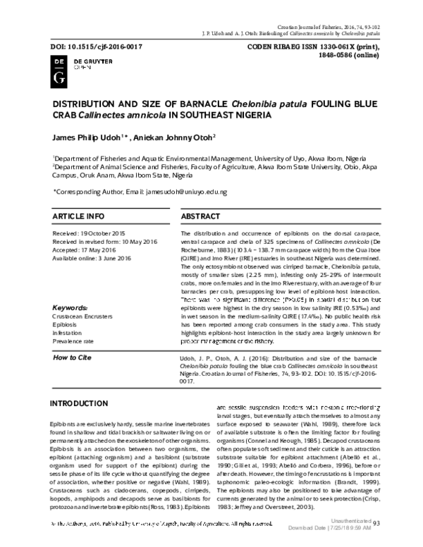 (PDF) Distribution and Size of Barnacle Chelonibia patula Fouling Blue ...