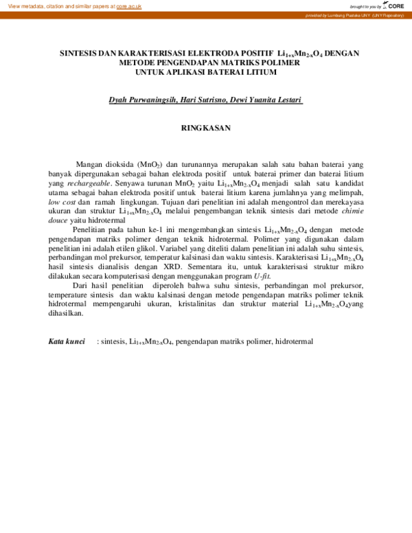 (PDF) SINTESIS DAN KARAKTERISASI ELEKTRODA POSITIF Li1+xMn DENGANMETODE ...