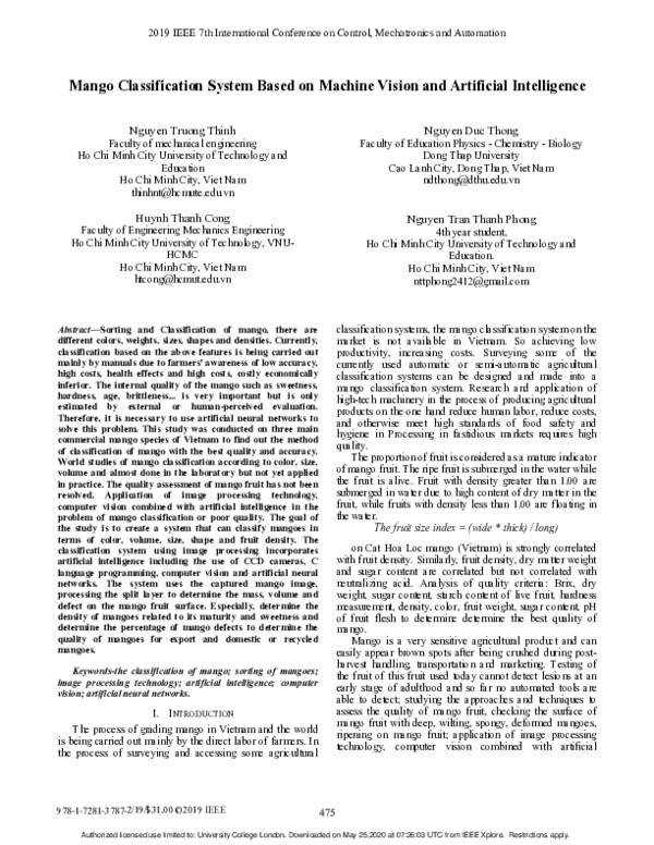 Pdf Mango Classification System Based On Machine Vision And