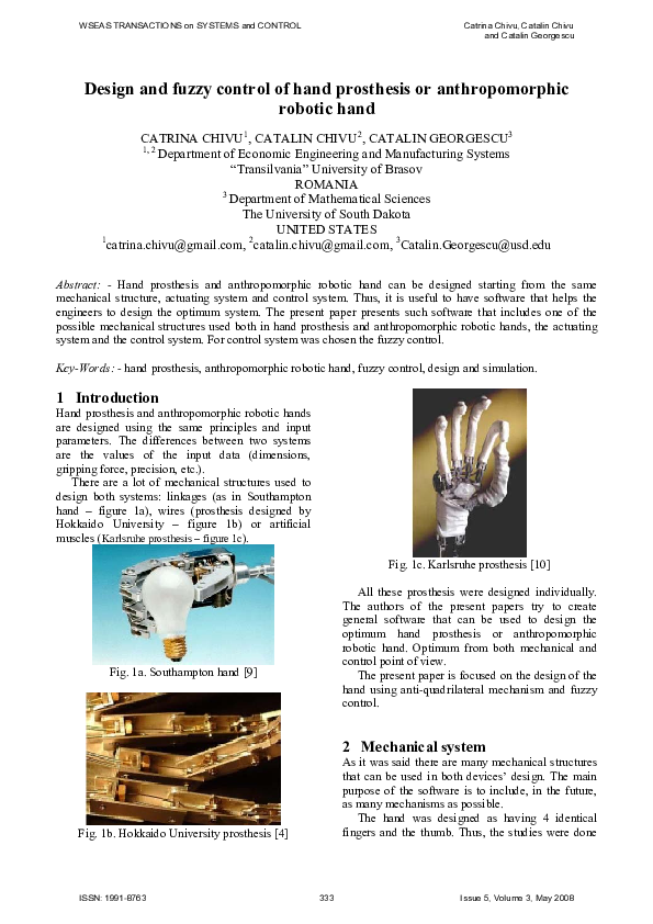 (PDF) Design and fuzzy control of hand prosthesis or anthropomorphic robotic hand
