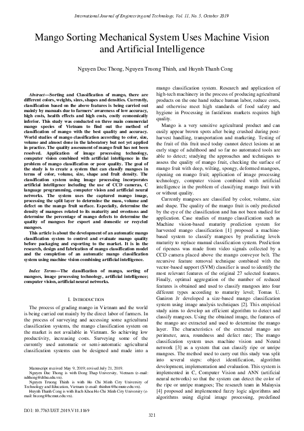 (PDF) Mango Sorting Mechanical System Uses Machine Vision and Artificial Intelligence