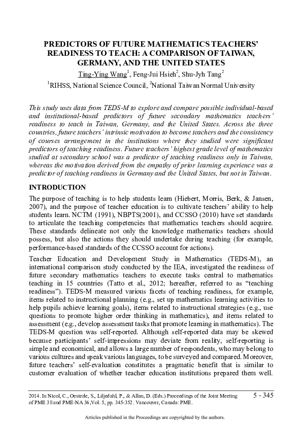 (PDF) Predictors of Future Mathematics Teachers’ Readiness to Teach: A ...