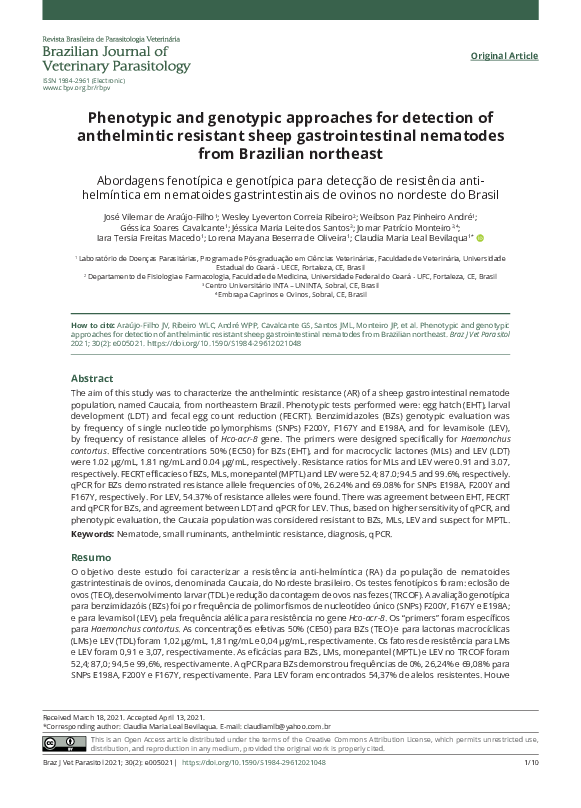 (PDF) Phenotypic and genotypic approaches for detection of anthelmintic resistant sheep ...