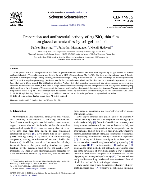 Pdf Preparation And Antibacterial Activity Of Ag Sio2 Thin Film On
