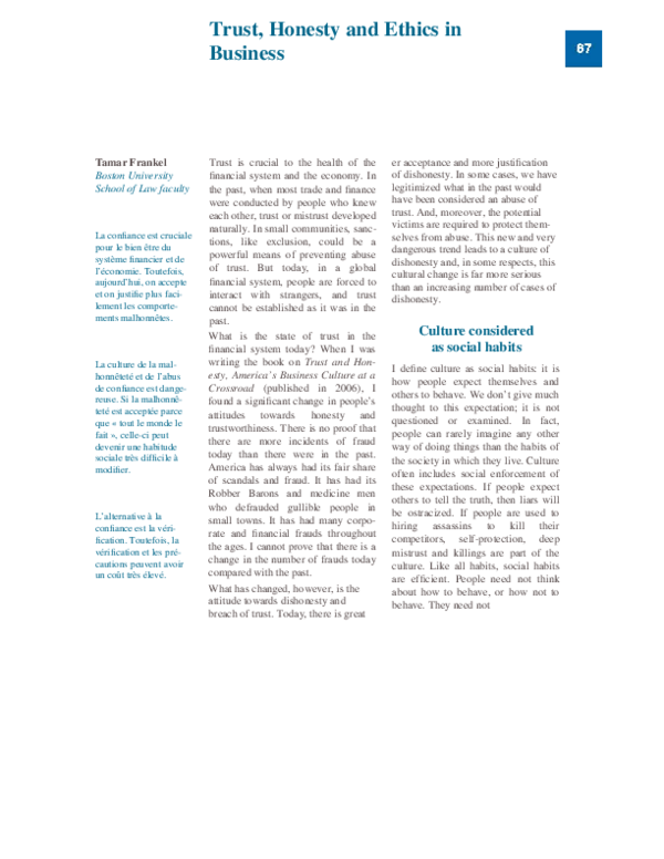(PDF) Trust, Honesty and Ethics in Business