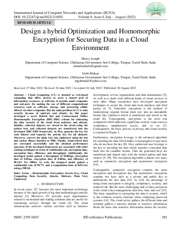 Pdf Design A Hybrid Optimization And Homomorphic Encryption For Securing Data In A Cloud
