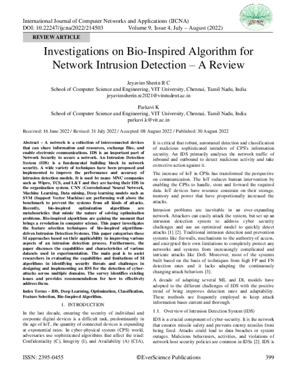 Pdf Investigations On Bio Inspired Algorithm For Network Intrusion