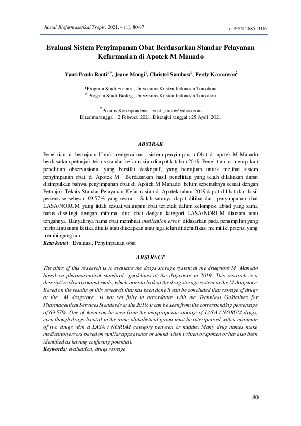 Pdf Evaluasi Sistem Penyimpanan Obat Berdasarkan Standar Pelayanan