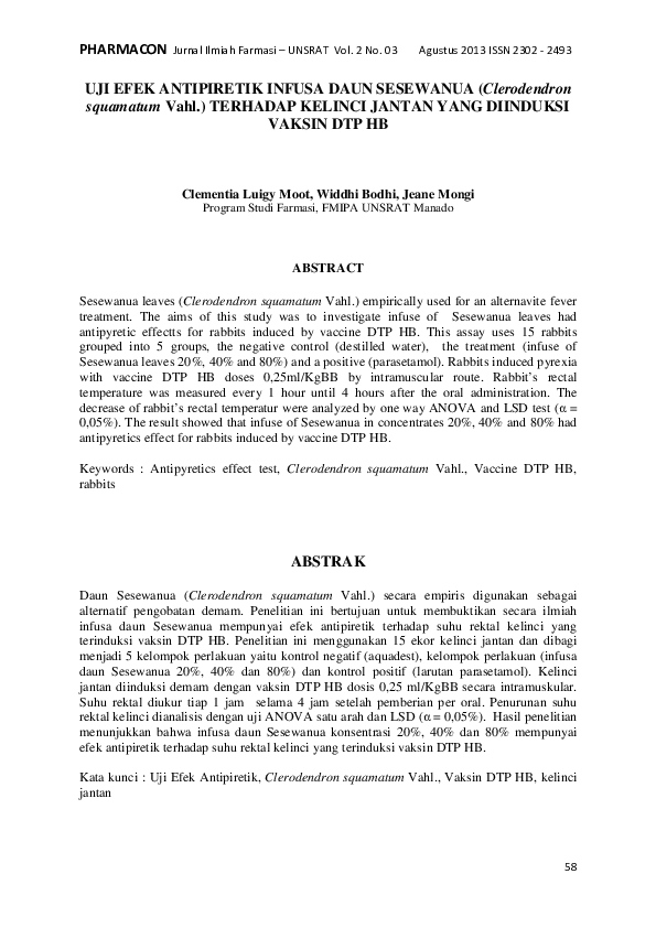 (PDF) UJI EFEK ANTIPIRETIK INFUSA DAUN SESEWANUA (Clerodendron ...
