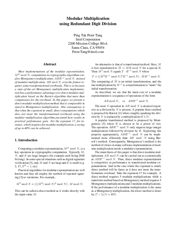 (PDF) Modular Multiplication using Redundant Digit Division