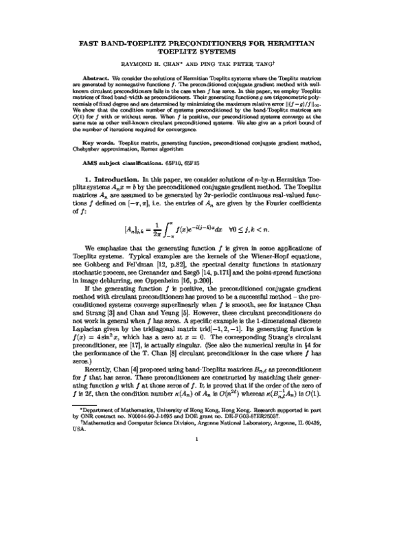 Pdf Fast Band Toeplitz Preconditioners For Hermitian Toeplitz Systems Ping Tang 