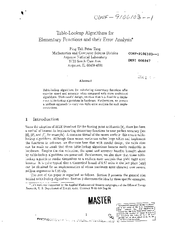 Pdf Table Lookup Algorithms For Elementary Functions And Their Error Analysis