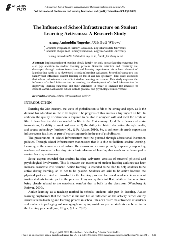 (PDF) The Influence of School Infrastructure on Student Learning Activeness: A Research Study