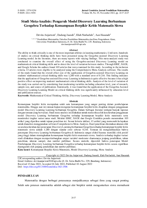 (PDF) Studi Meta-Analisis: Pengaruh Model Discovery Learning Berbantuan Geogebra Terhadap ...
