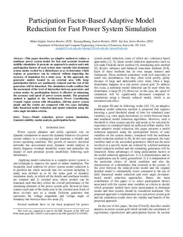Pdf Participation Factor Based Adaptive Model Reduction For Fast Power System Simulation