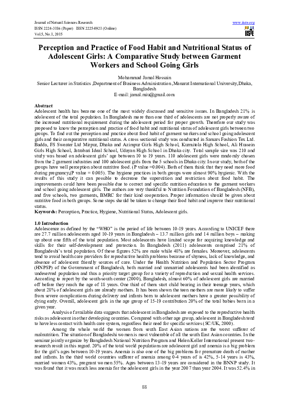 Pdf Perception And Practice Of Food Habit And Nutritional Status Of