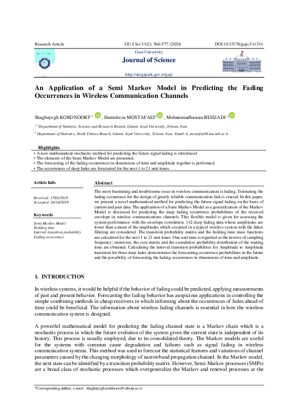 (PDF) An Application of a Semi Markov Model in Predicting the Fading Occurrences in Wireless ...