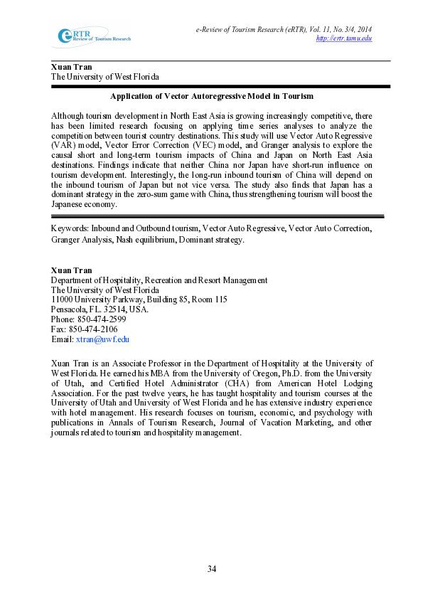 (PDF) Application of Vector Auto Regressive model in tourism